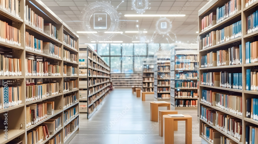 Modern Library Interior with Bookshelves and Digital Elements Stock ...