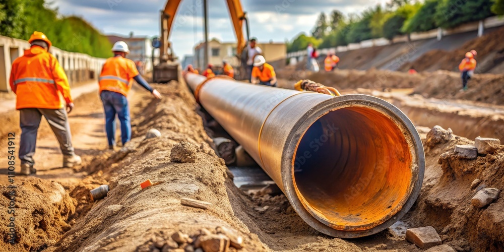 Large Pipeline Installation Construction Workers, Trench, Excavator ...