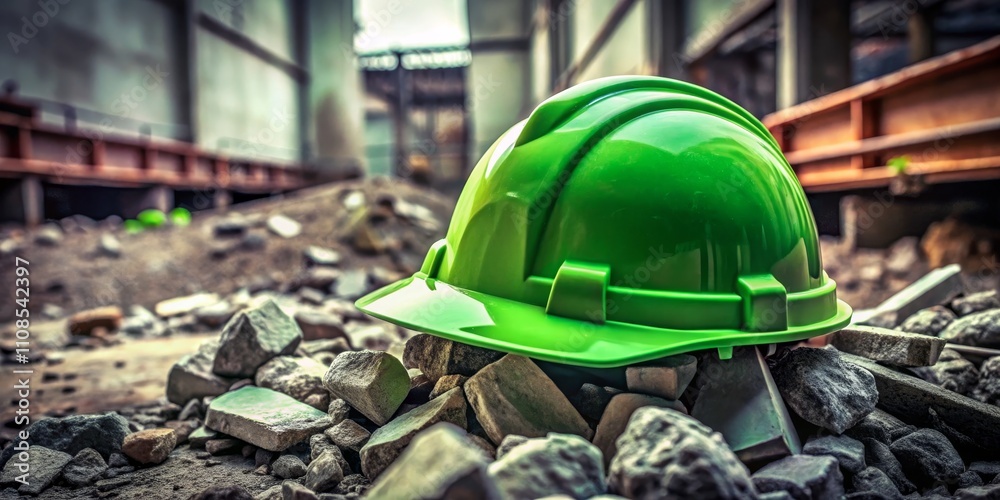Green Hard Hat on Rocks Construction Site Safety, Close-up Composition ...