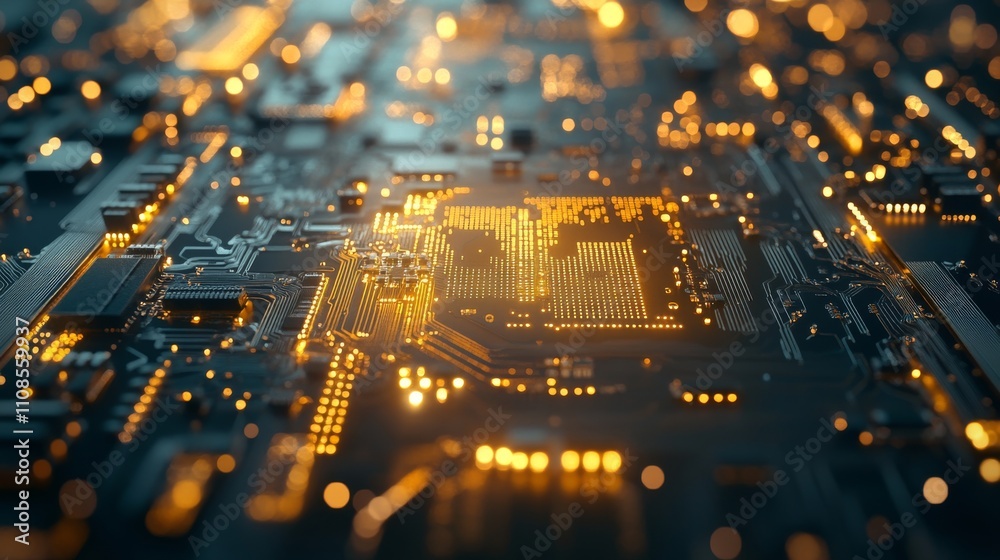 Close-up of an electronic circuit with golden board background on ...