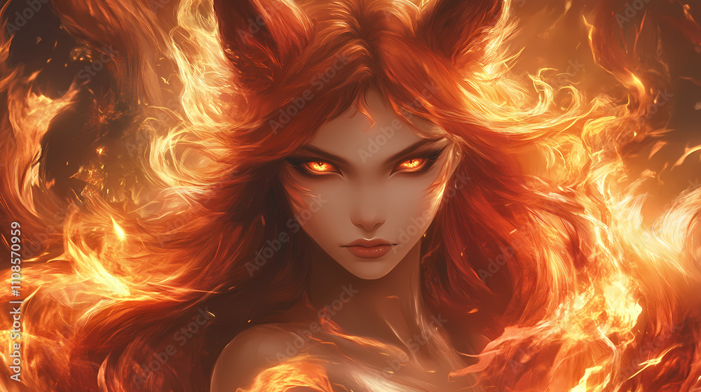 Fierce kasai kitsune female fox with fiery flame red hair and piercing ...