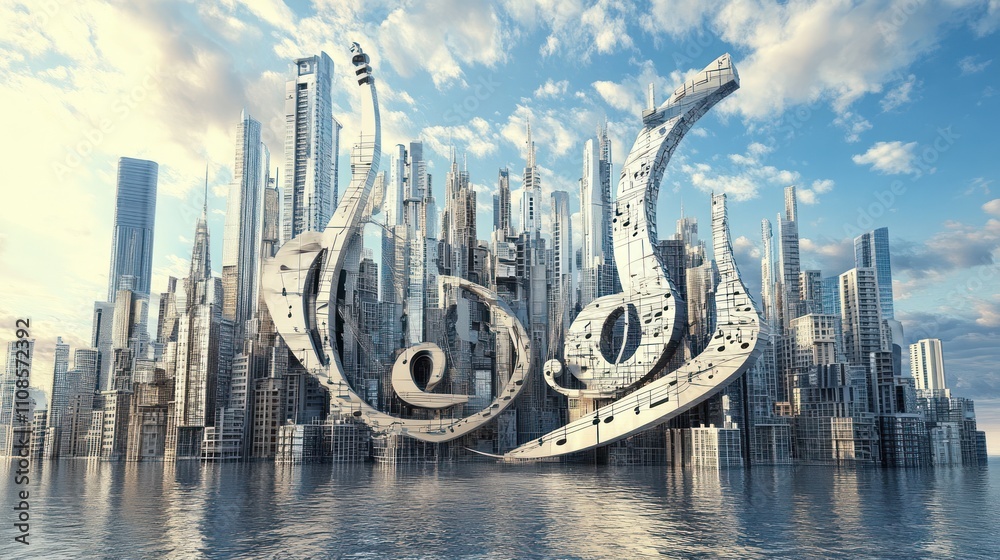 Visualize a city skyline where the buildings are shaped like musical ...