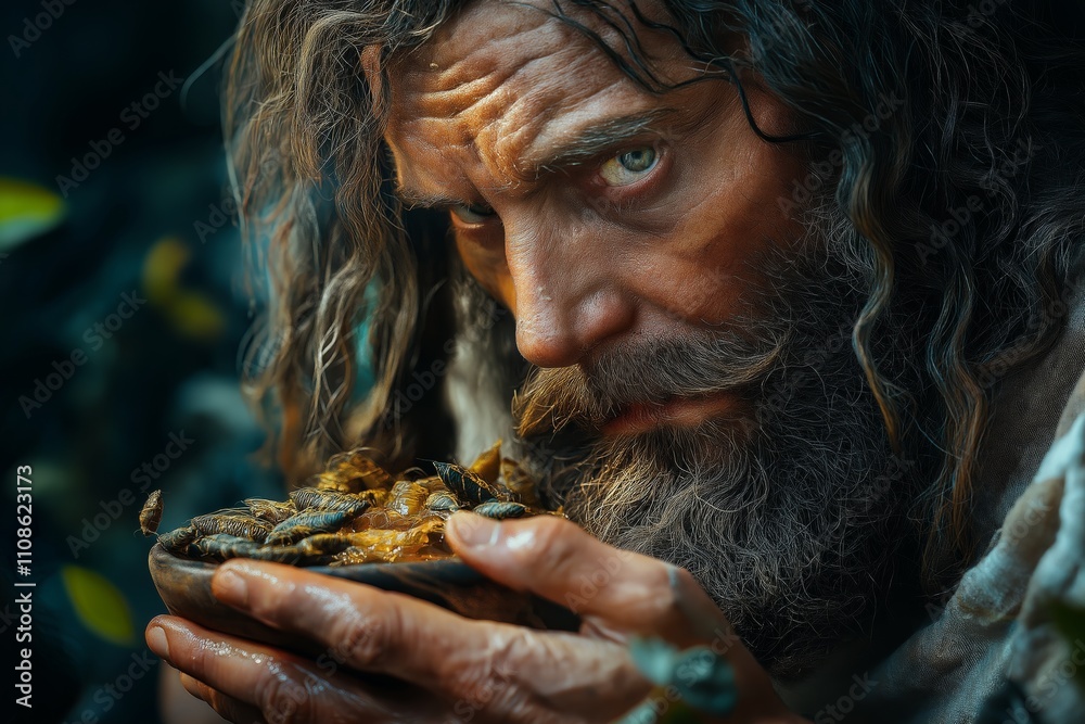 John the Baptist eating locusts and honey. Bible story. Stock Photo ...