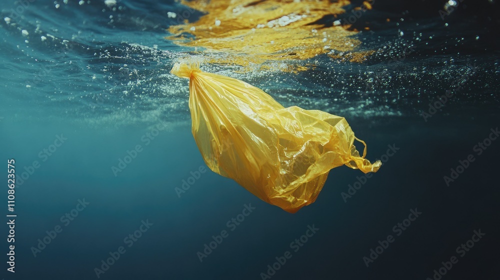 Ilustración de Stock Yellow plastic bag caught in ocean water, showing ...