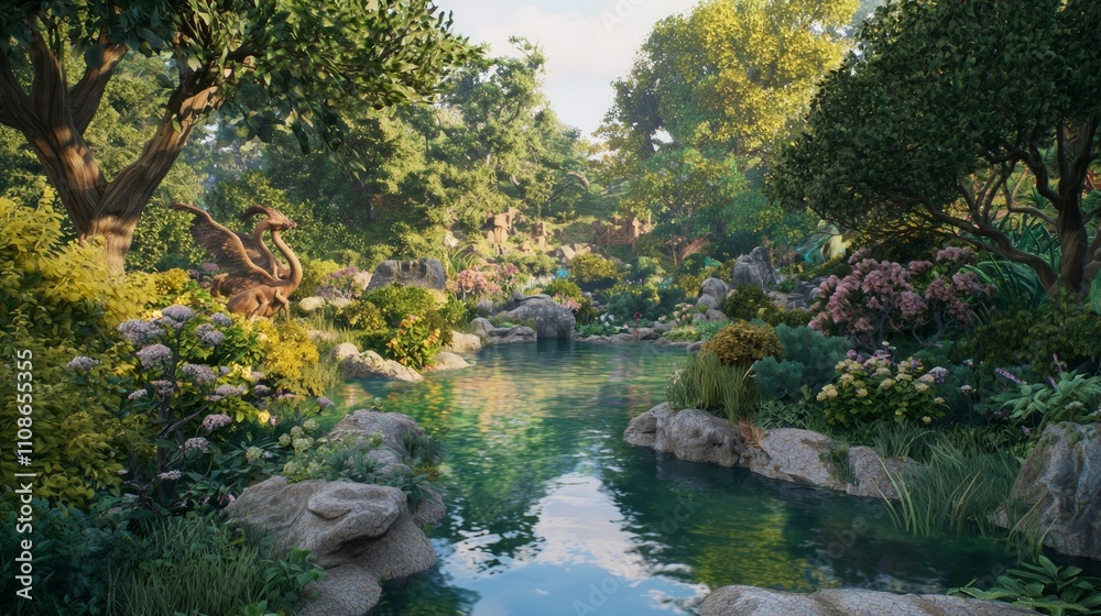 Tranquil AI-Generated Garden of Mythical Creatures - Concept Art of ...