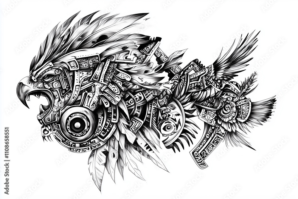An intricate sketch of an Aztec tribal tattoo, showcasing elements like ...