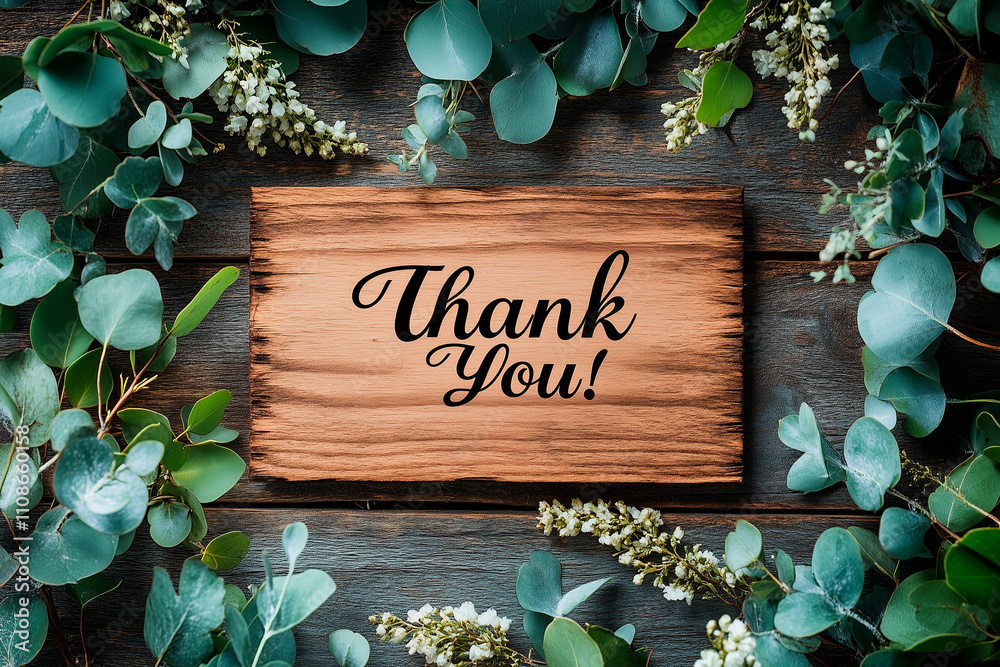 A rustic thank-you card featuring text: "Thank You!" in script font ...