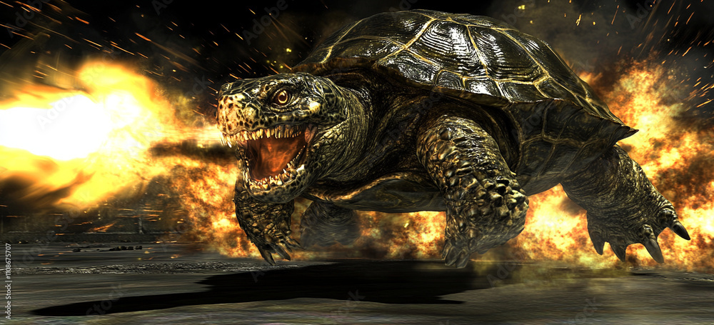 fierce turtle emerges from fiery explosion, showcasing its powerful ...