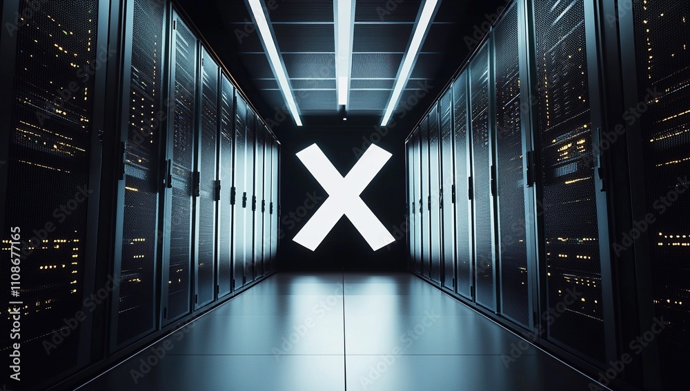 Futuristic Server Room Corridor with Glowing X Symbol: Data Center ...