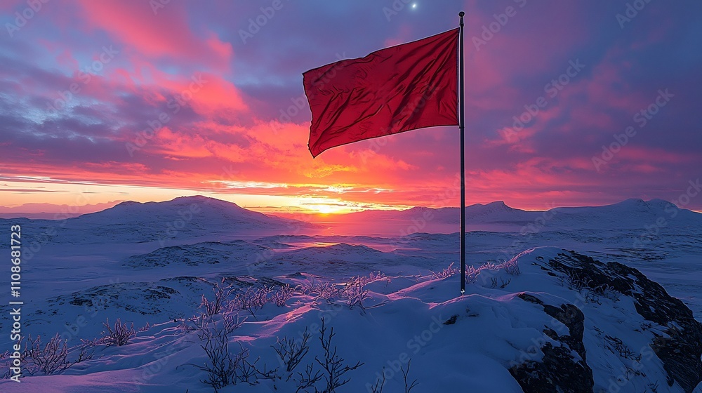 Smi flag waving wind on a snowy hilltop with vast rolling tundra below ...