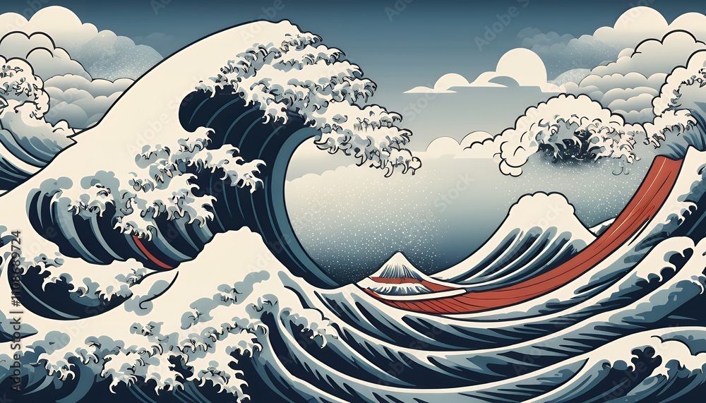 Great Wave off Kanagawa Modern Ukiyo-e Style Artwork: Ocean Waves, Mount Fuji, Japanese Art ...