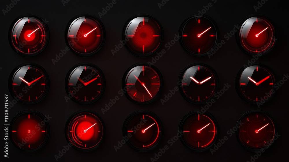 Clock game icons, time animation sprite sheet. Red clock with moving ...