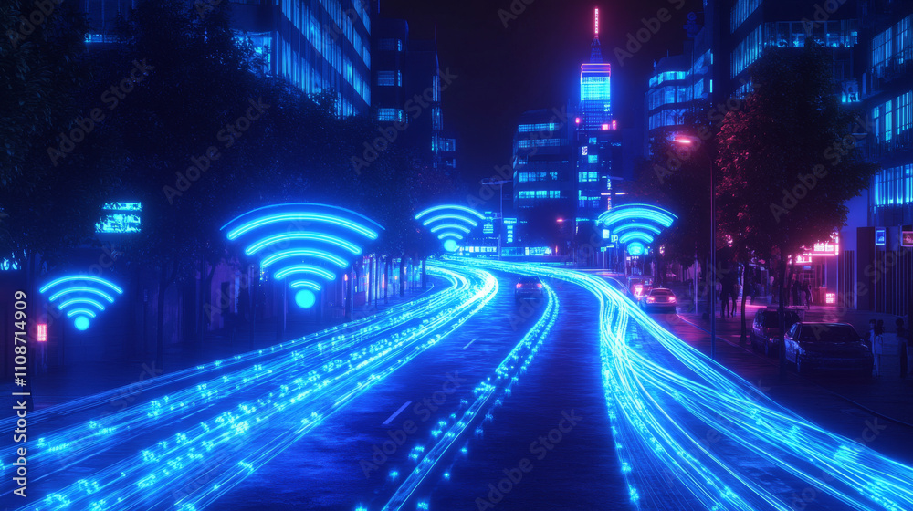 Wi-Fi light effect, blue neon signal sensor waves internet wireless ...