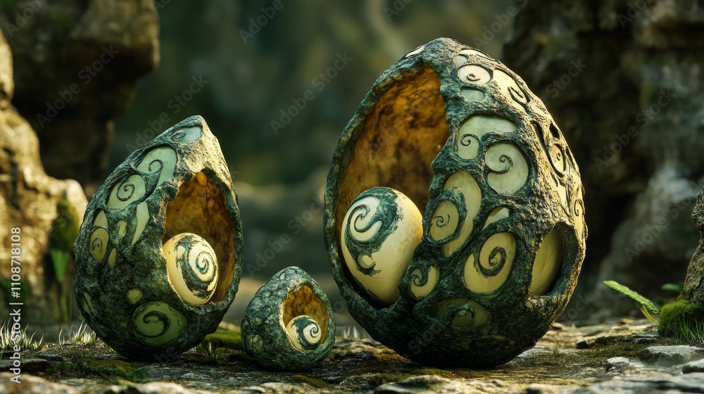 Fantasy dragon eggs in different steps of break with cracks and shell ...