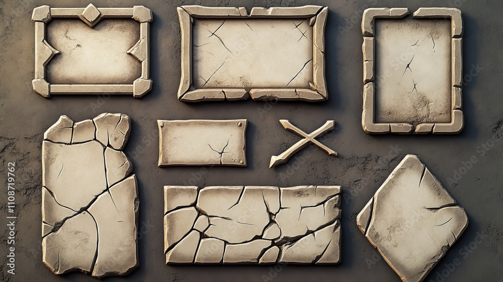 Stone frame and rock board game ui cartoon vector. Medieval plaque and ...