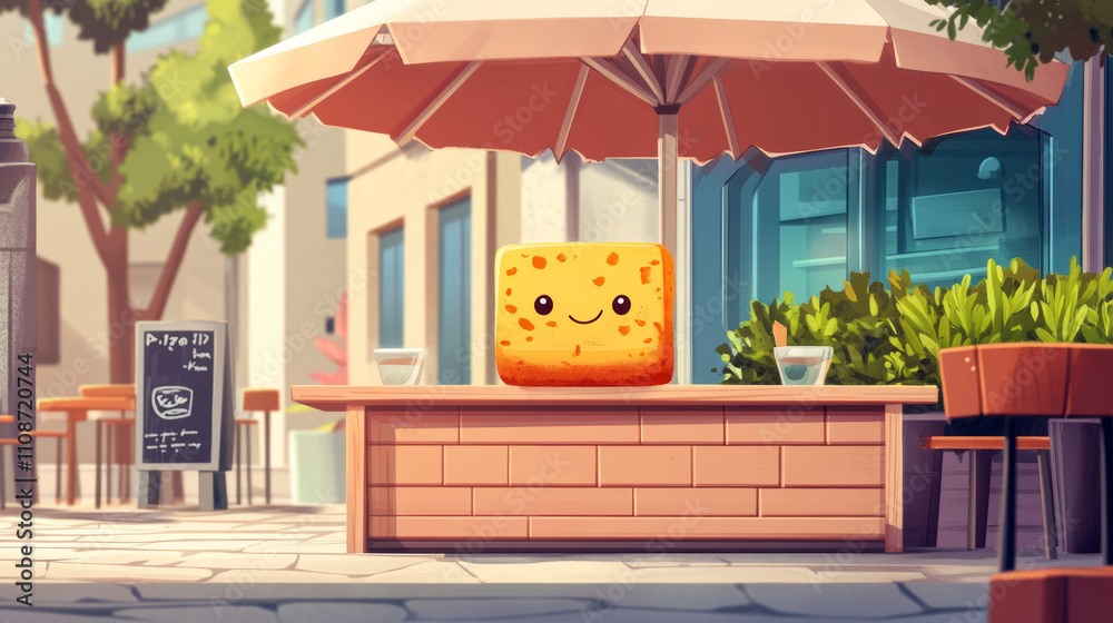 Happy patty character in street cafe with tables and umbrellas. Vector ...