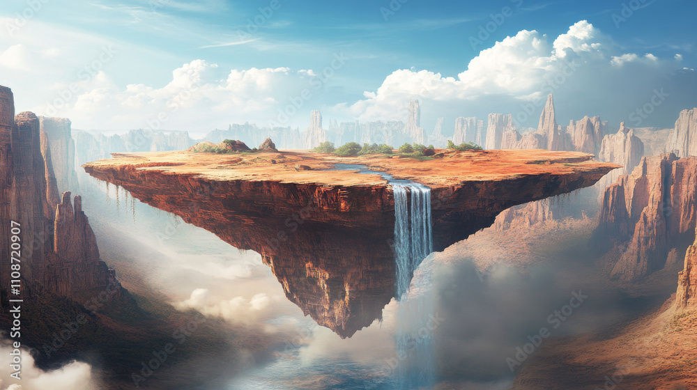 Floating desert land platform with sand surface, rocky cliff and river ...