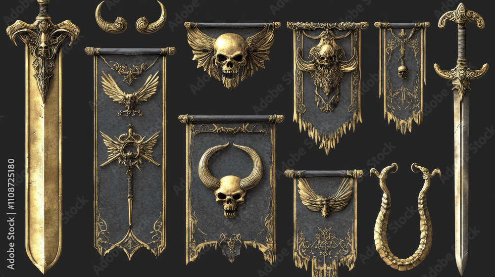 Medieval level frames, viking game ui menu elements, gold or silver ...