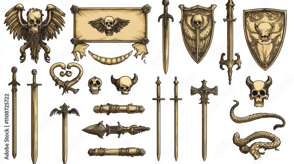 Medieval level frames, viking game ui menu elements, gold or silver metal banners with rims ...
