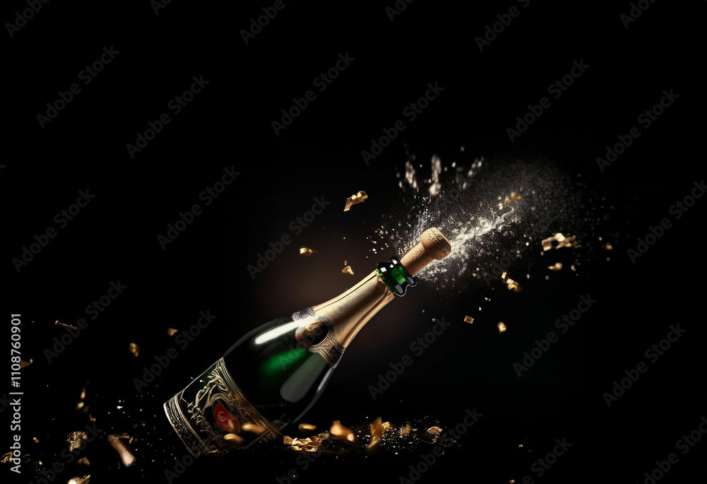 Champagne bottle exploding against a dark background, cork flying, gold ...