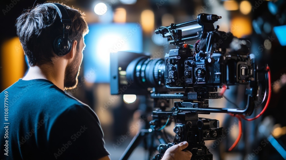 Filmmakers using professional cameras in a high-tech studio, capturing ...