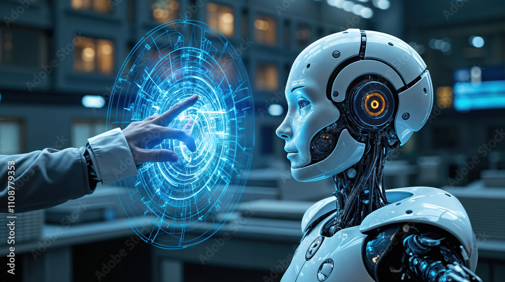 Human Hand Interacting with White Humanoid Robot Through Futuristic Blue Holographic Interface ...