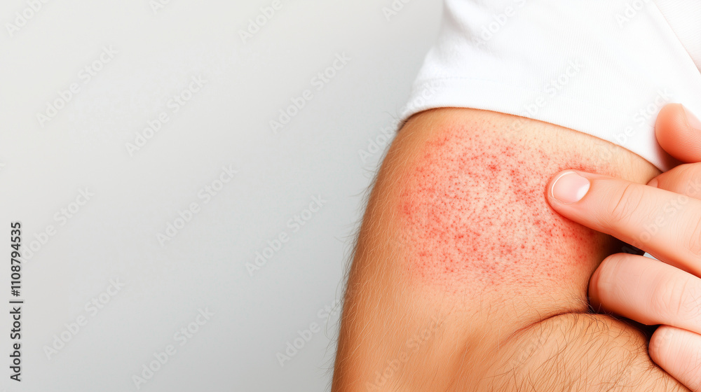 A close-up of an irritated red rash on the elbow of a person wearing a ...