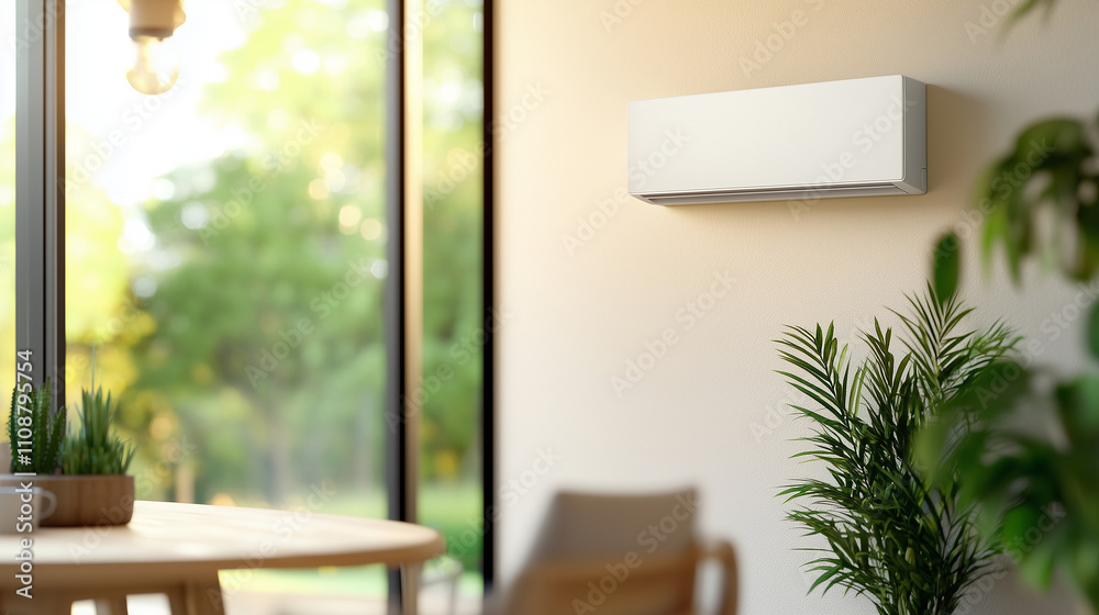 A high-angle perspective of a white split-system air conditioner in ...