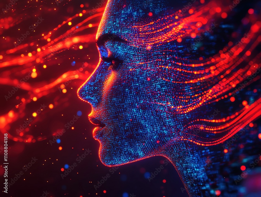 human face profile composed of flowing blue code and glowing circuit ...