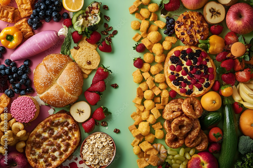 Healthy and unhealthy food background from fruits and vegetables vs ...