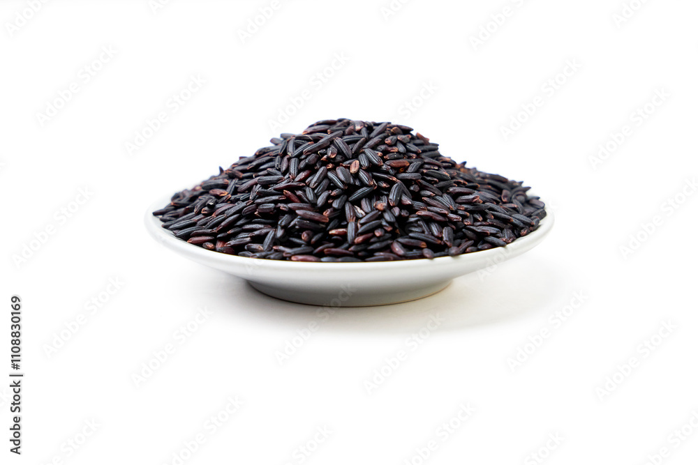 Riceberry in white plate isolated on white background. Riceberry (Oryza ...