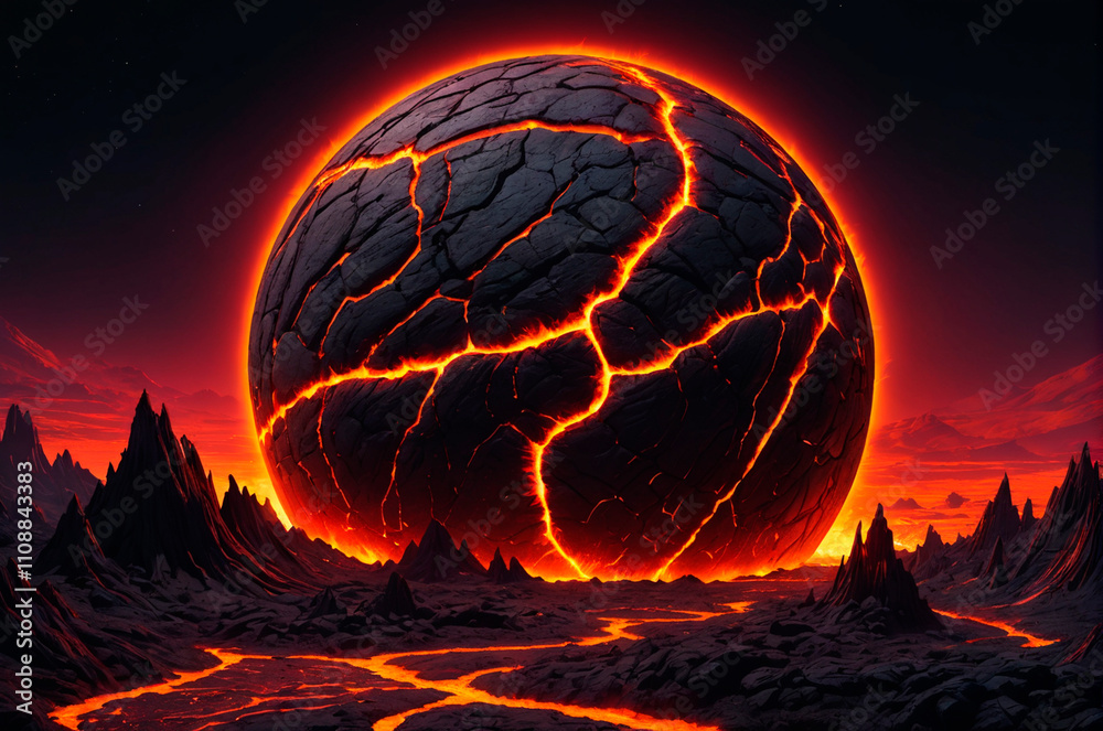 Fiery planet consisting of lava, with a cracking surface, a view from ...