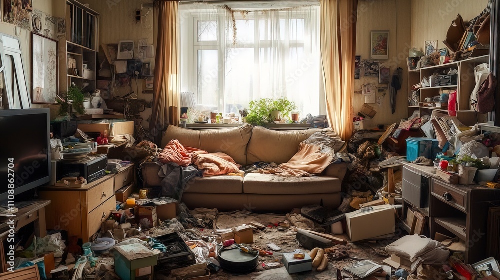 Messy living room with dirty sofa and chaos on floor, clutter, disorganized, untidy, messy ...