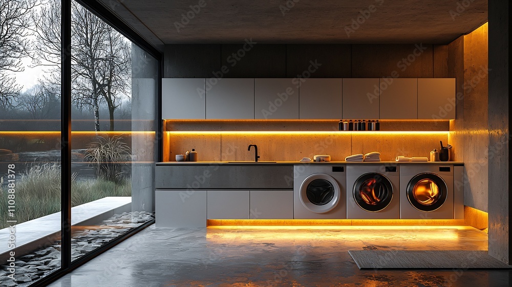 Minimalist laundry room smooth concrete floors sleek white cabinets ...