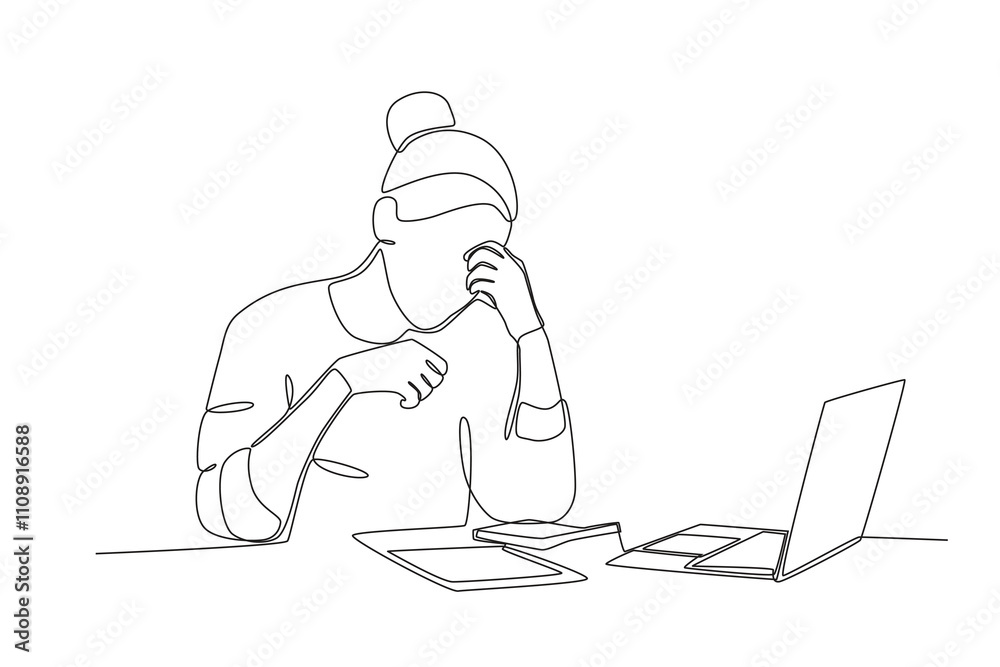 Single continuous line drawing of Stressed employee while working in ...