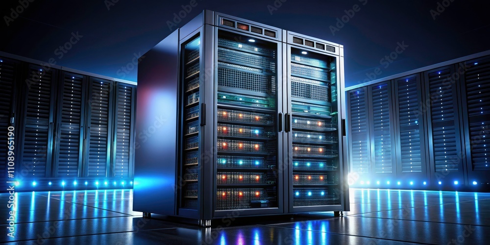 Futuristic Rack Server in Low Light with Blinking Lights - Supercomputer Background for ...