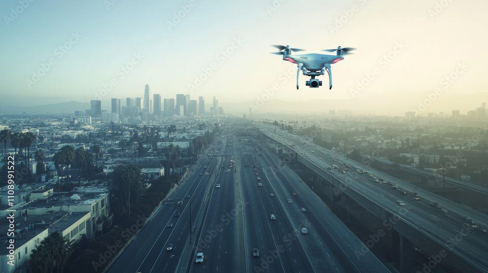 Drone with video camera flys on assigned route and transmit streaming ...