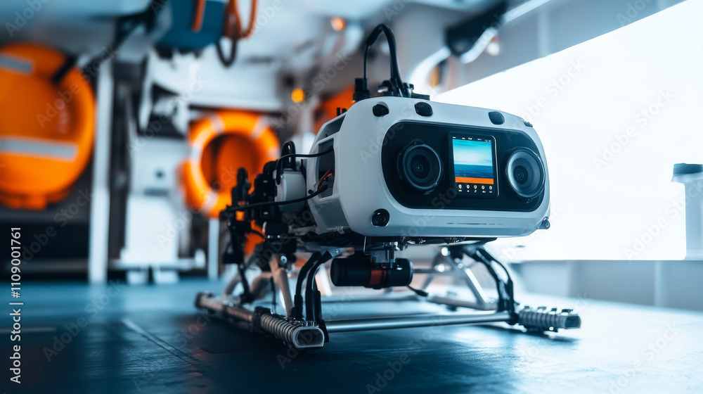 Autonomous underwater rov on deck ship. Underwater sea drone controlled ...