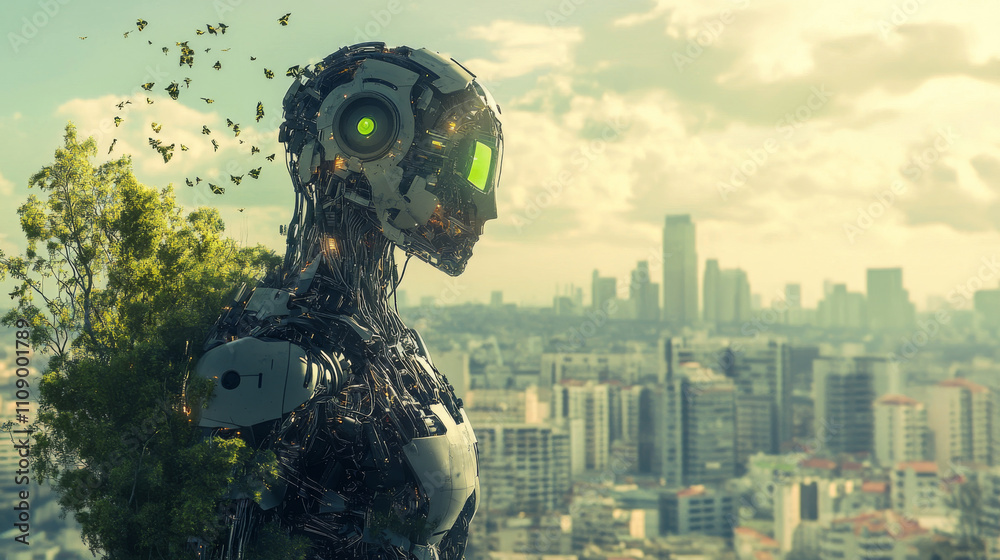 AI saves the world from apocalypse. Robot woman holds on the shoulders ...