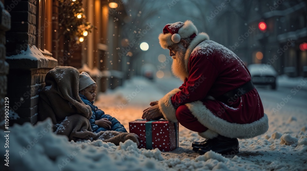 A Christmas spirit image. Kneeling Santa Claus placing a wrapped gift ...