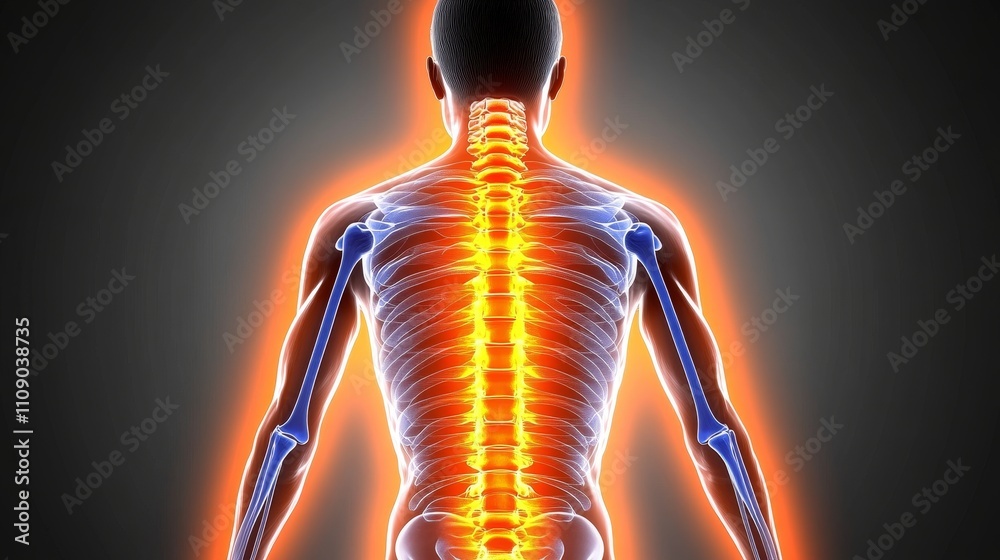 Premature Spinal Disc Degeneration Glowing Skeletal Back View Showing ...