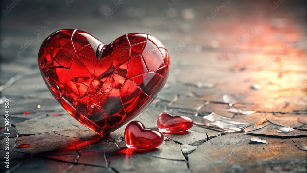 Shattered red glass heart on the floor , heartbreak, shattered, sadness ...