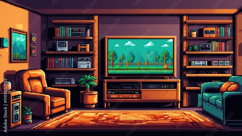 Pixel art game room, bedroom with video game consoles, background in retro style for 8 bit game ...
