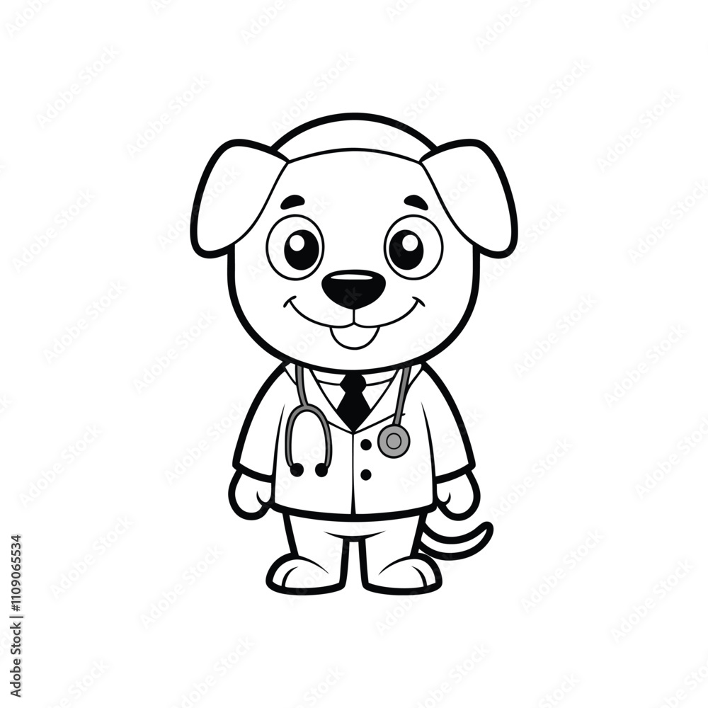 Cute Cartoon Dog Doctor Character in Black and White - Medical ...
