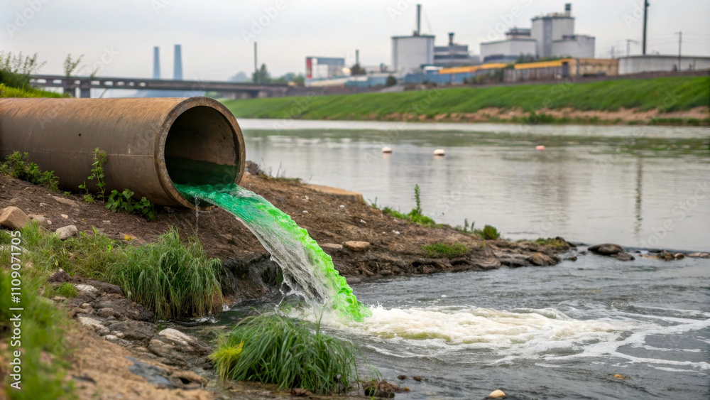 Large metal pipe leaking green liquid into river, industrial buildings ...