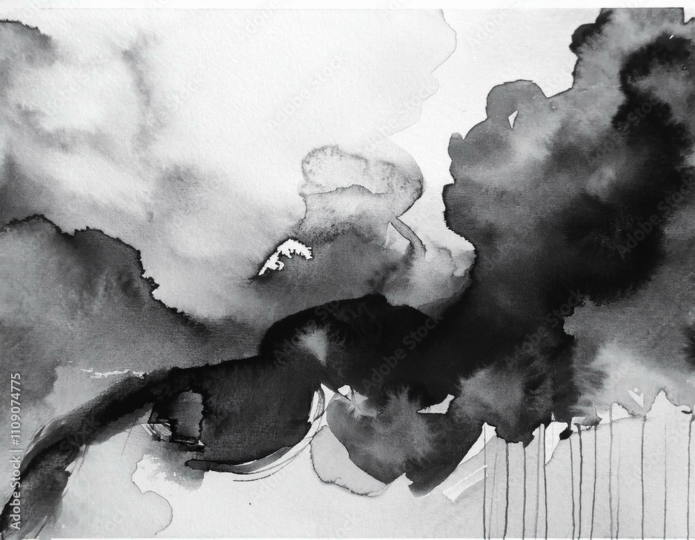 ink watercolor hand drawn smoke flow stain blot on wet paper grunge ...