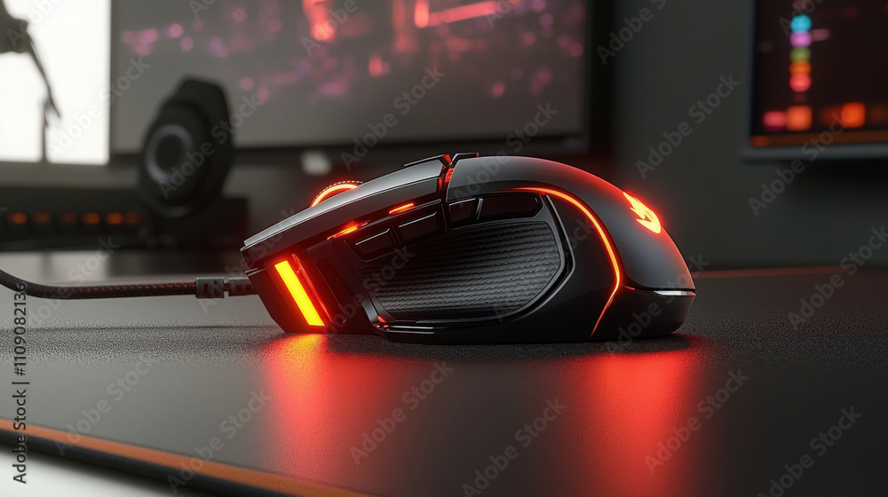 High-performance gaming mouse with customizable lights on a desk setup ...