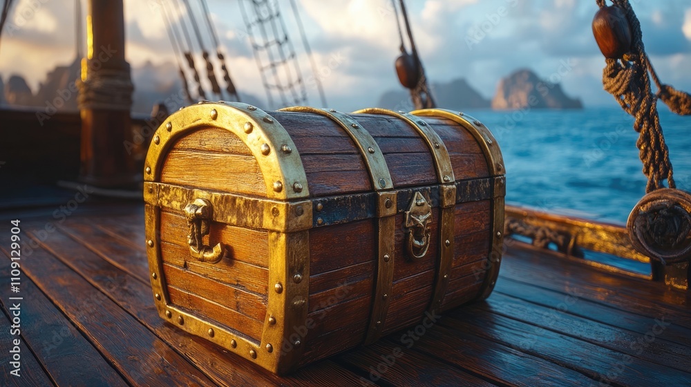 Old treasure chest standing on the deck of a pirate ship sailing the ...