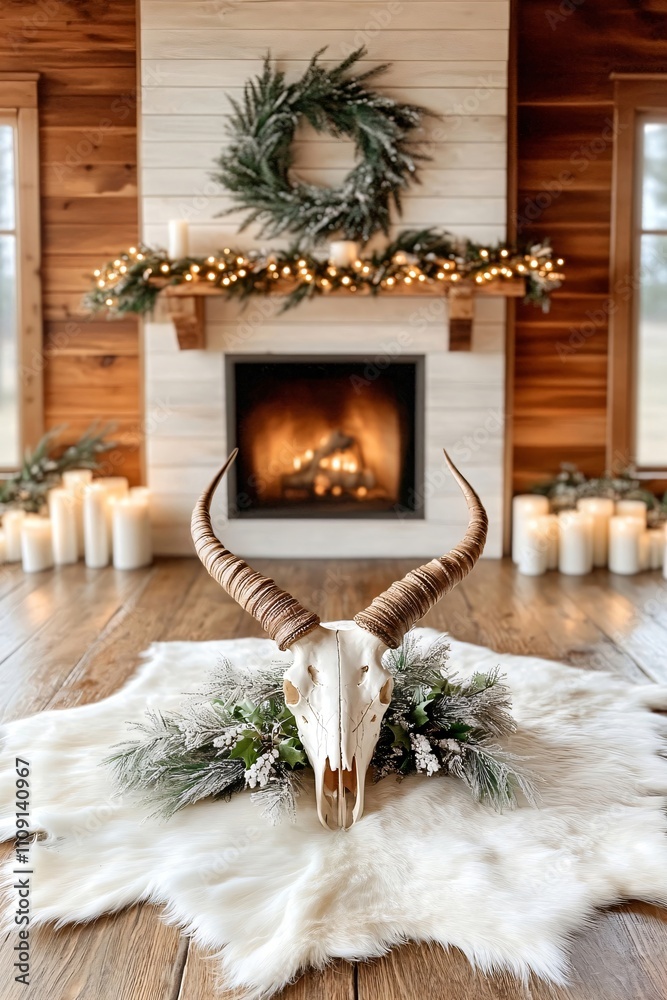 Beautiful table setting with horn animal skull, holly leaves and ...