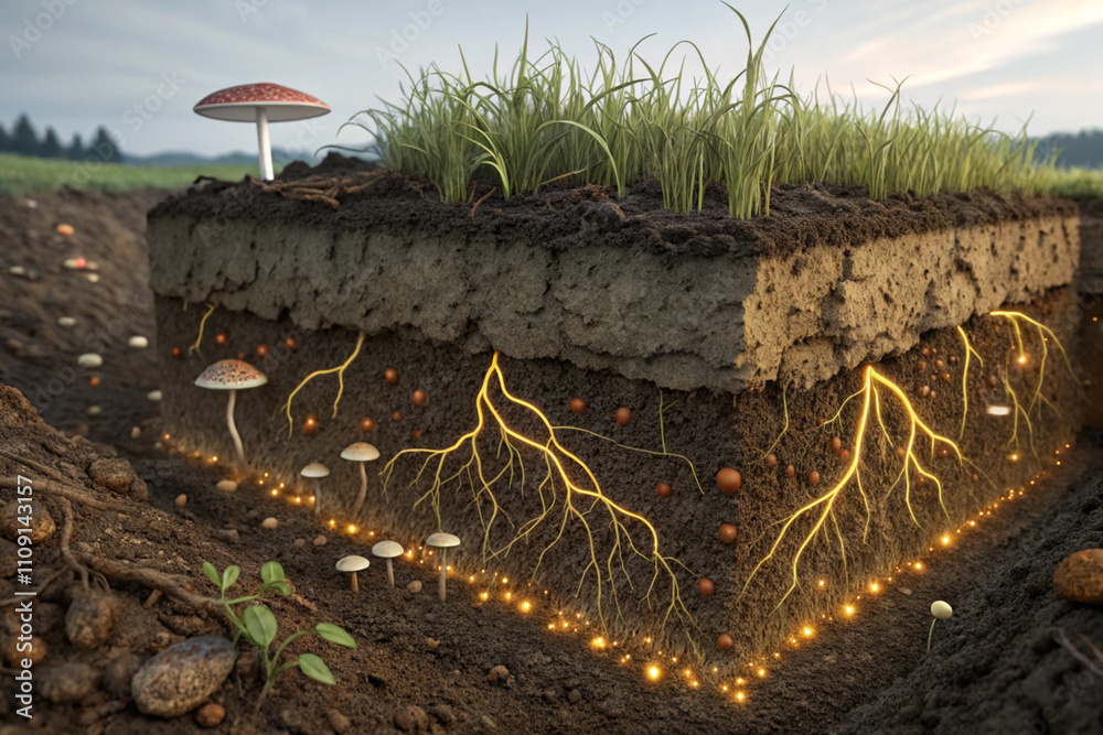 Cross-Section of Soil Revealing Root System, Mycelium, and Underground ...